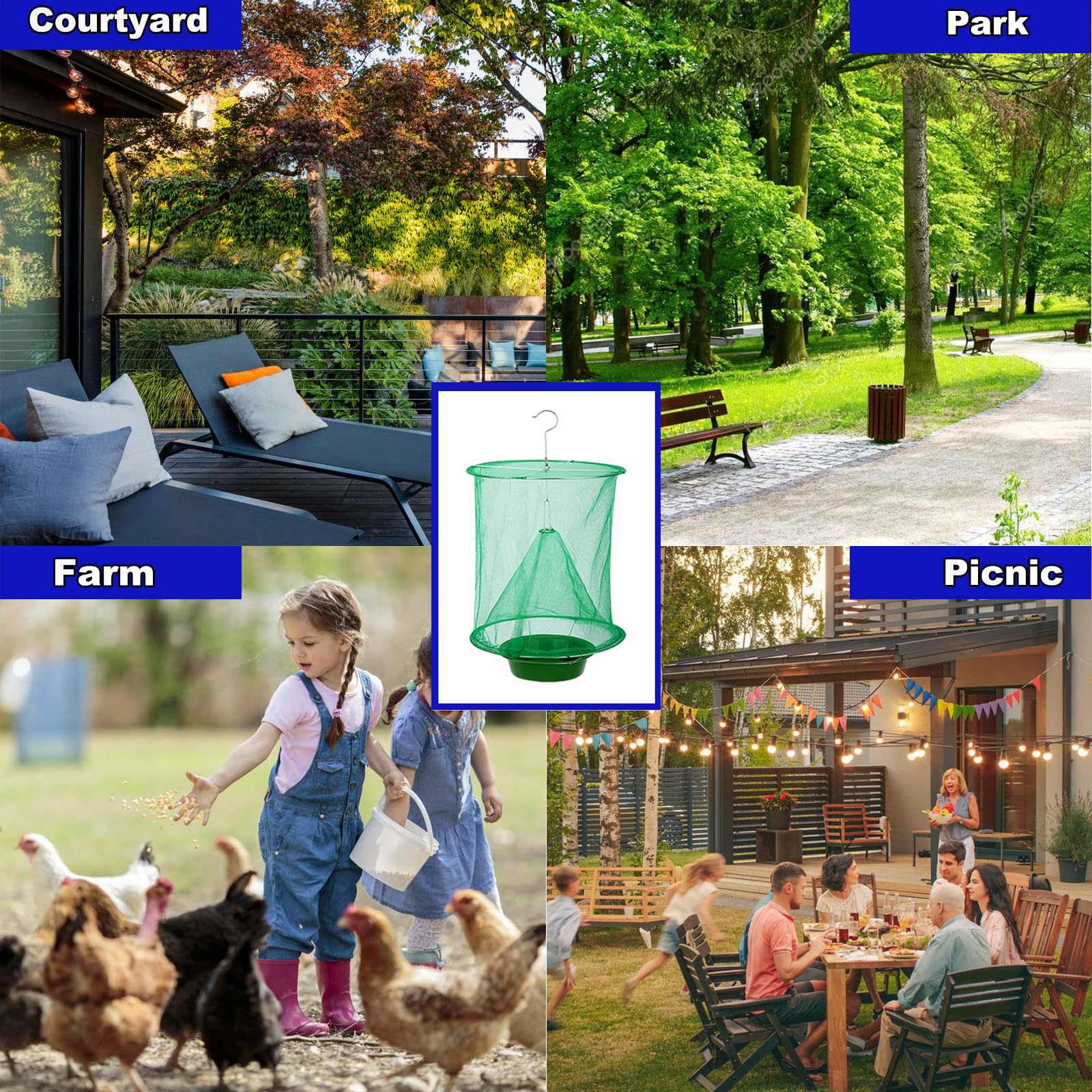 8 Pack Ranch Fly Traps - Reusable Fly Traps Outdoor Indoor Hanging,Stable Fly Traps with Bait-Tray Fly Catcher Cage Fly Net Bag for Farms,Park, Restaurants (Green)