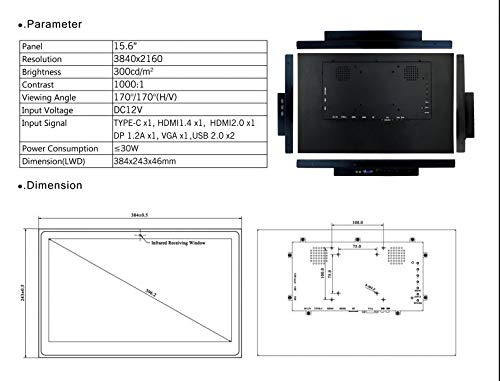 YILETEC YL-156MC4K 15.6" UHD 3840X2160 Metal Frame Capacitive Touchscreen IPS Built in Speakers USB Type-C HDMI 2.0,HDMI 1.4X1 DP1.2AX1,VGAX1,USB 2.0X3