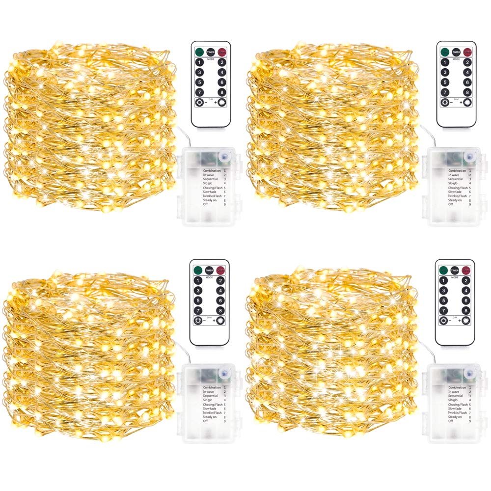 4 Pack 50 Led Fairy Lights Battery Operated with 8 Modes Remote Control Timer 16.5 Feet Waterproof Copper Wire Twinkle String Lights for Home Indoor outdoor Decor (Warm White)