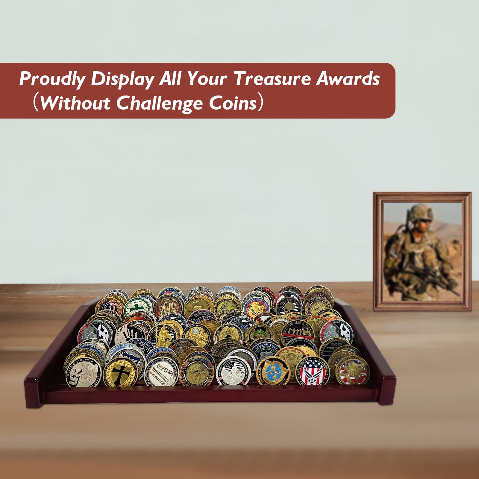 ASmileIndeep 12 Rows Military Challenge Coin Holder Display Case Holds 90-100 Coins, Solid Wood Army Coin Rack Display Stand for Desktop, Mahogany