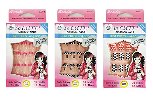 Beautia 3PACK 72Tips So Cute Junior Fake Nails, Sticker Nail for Kids (Pattern 2)