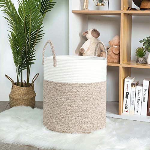 MINTWOOD Design Large 18 x 16 Inches Decorative Woven Cotton Rope Basket, Tall Laundry Basket Hamper, Blanket Basket for Living Room, Storage Baskets for Toys, Towel, Throw, Pillow, Light Brown
