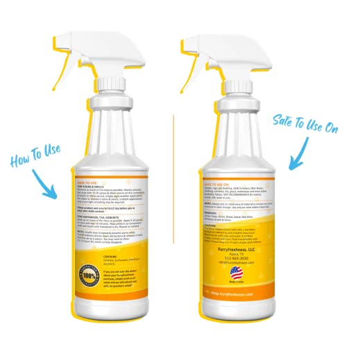 FurryFreshness Extra Strength Cat or Dog Pee Stain & Permanent Odor Remover + Smell Eliminator -Removes Stains from Pets & Kids Including Urine or Blood- Lifts Old Carpet Stains- 32oz Spray