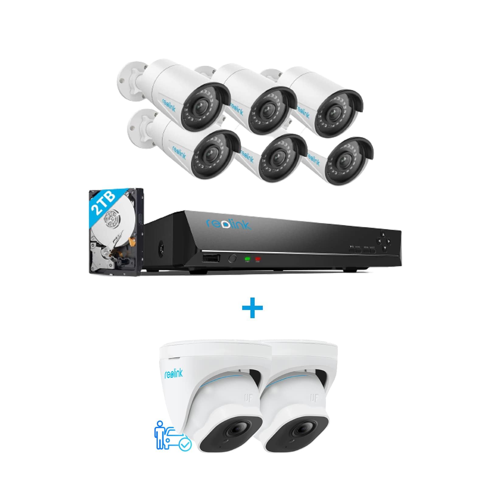 REOLINK 5MP PoE Security Camera System Bundle, 6pcs IP Cameras, 2pcs Person/Vehicle Detection Smart Cameras,a 8CH NVR Pre-Installed with 2TB HDD(Include 6 x 18M Cat5 Cable)