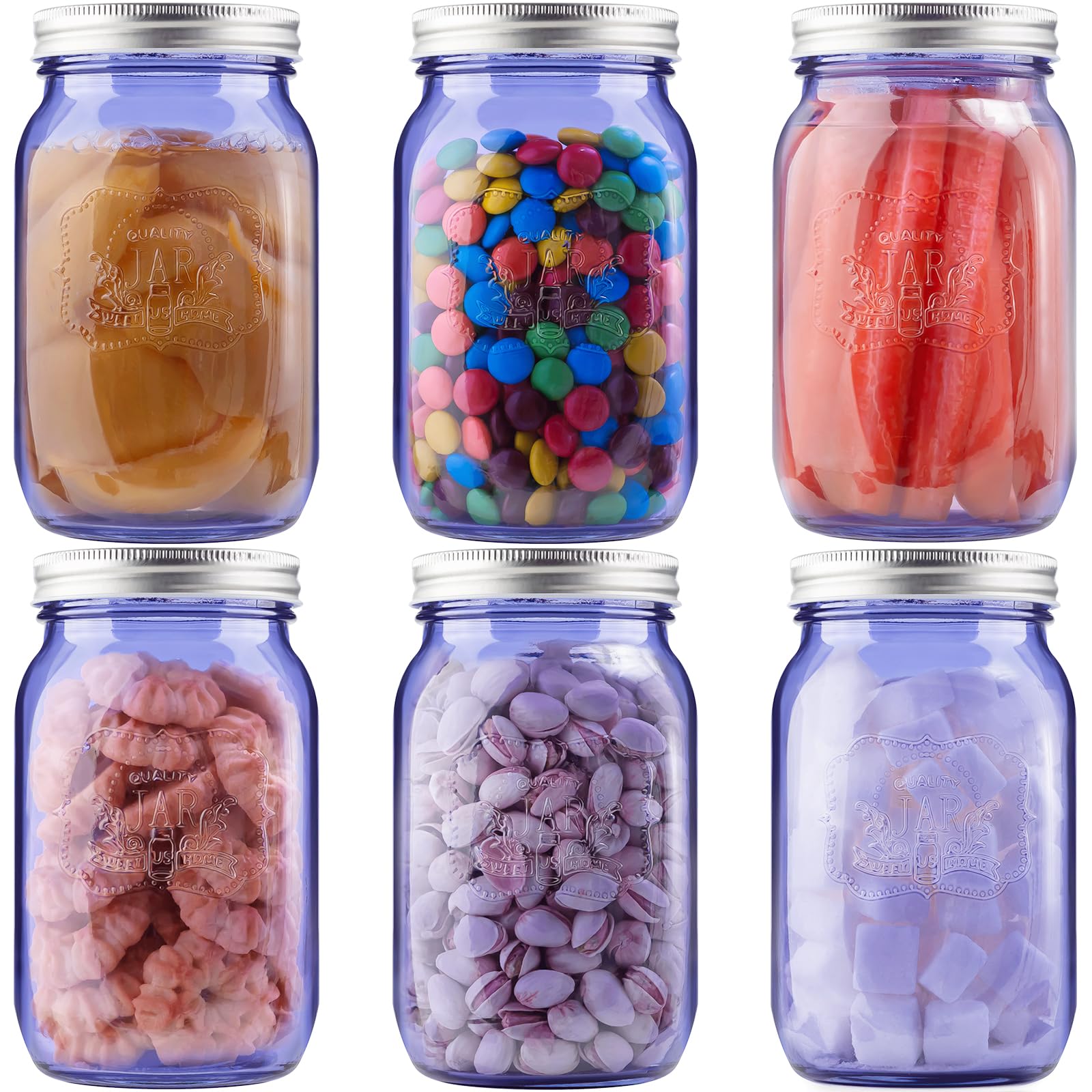 Wide Mouth Mason Jars 32 oz, 6 Pack Colored Canning Glasses, Quart Glass Storage Jars, Canning Jars for Centerpieces, Safe for Fermenting, Pickling, Storage, DIY Crafts & Decor