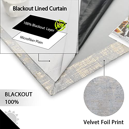 always4u 100% Blackout Soft Velvet Curtains for Bedroom Living Room Thermal Energy Saving 63 Inches Long Luxury Gold Foil Print Drapes 2 Panels Silver