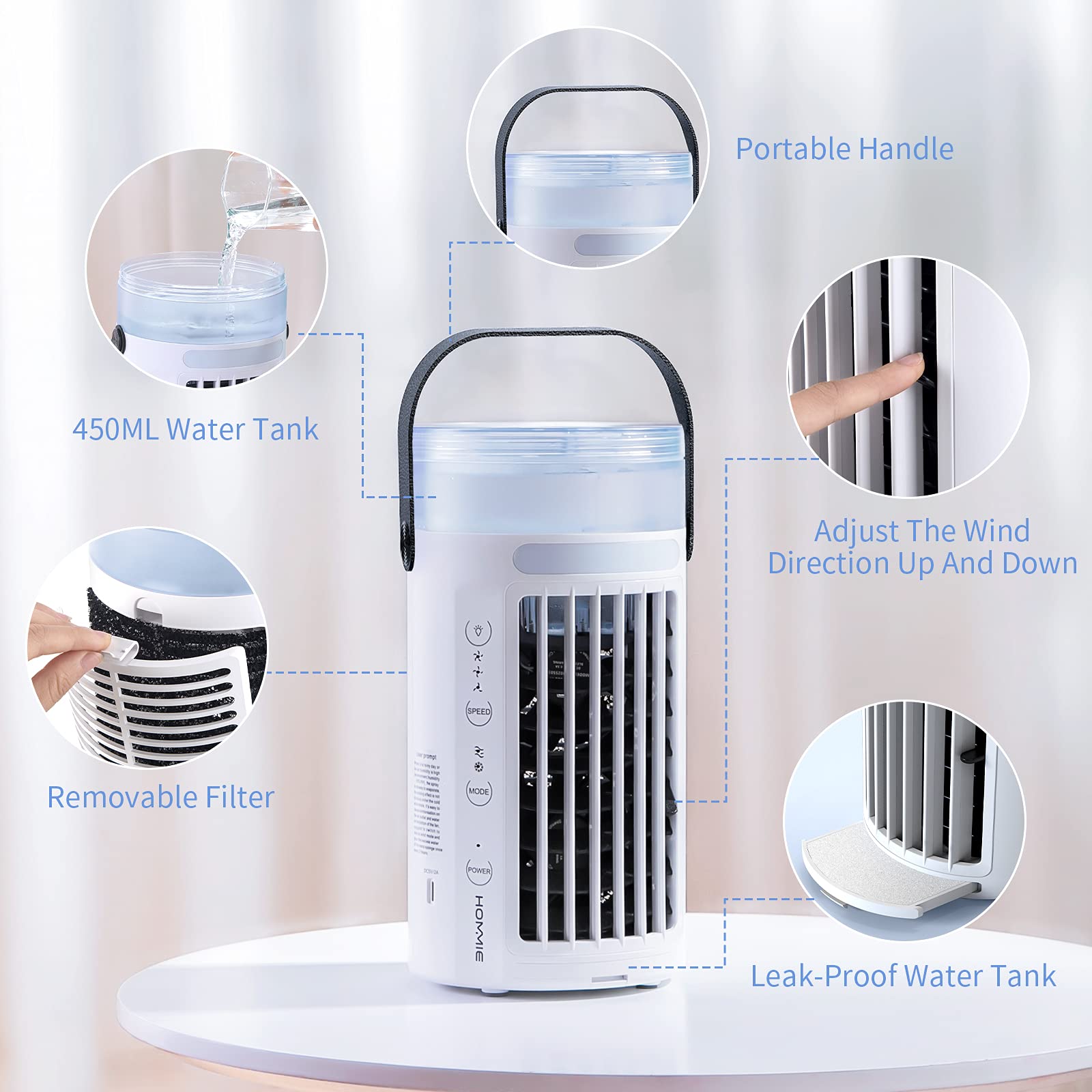 Portable Air Conditioner, Hommie 5 in 1 Personal Mini Air Cooler with 2 Fans, 8 Colors LED Light and 3 Speeds, Small Desk Mini Ac Evaporative Cooler Fanfor Personal Use Small Room