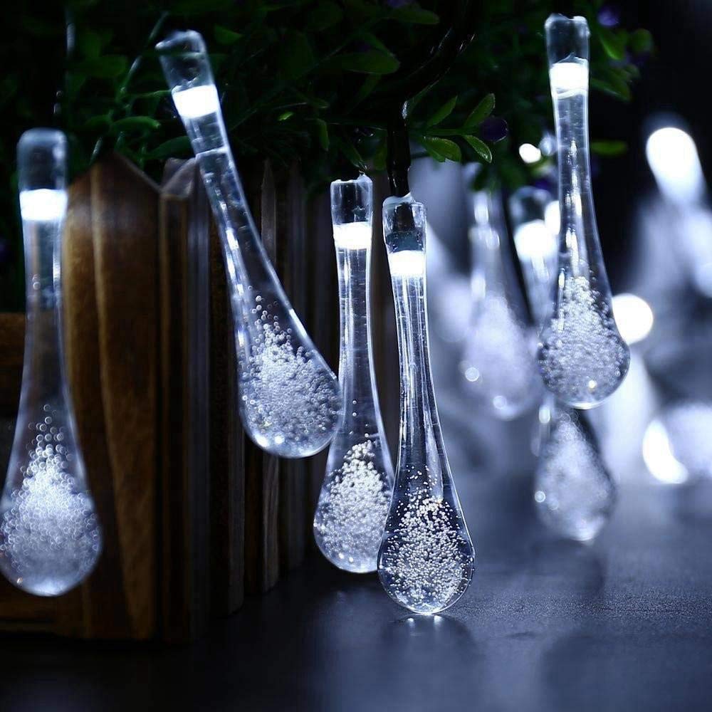 iShabao Solar String Lights, 50 LED Advanced Water Drop Solar Fairy String Lights Outdoor Waterproof, 8 Modes Solar Lights for Patio, Lawn, Home, Garden, Wedding, Party Decorations (White)