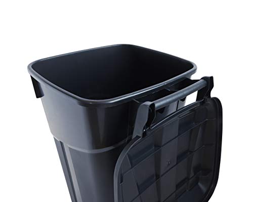 United Solutions 32 Gallon Outdoor Waste Garbage Bin with Attached Lid, Heavy-Duty Handles, Snap Lock , Wheeled Trashcan, Black