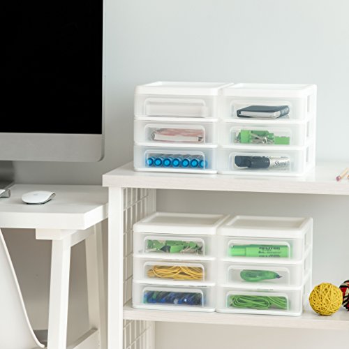 IRIS USA, Inc.IRIS USA Plastic 3-Drawer Desktop Organizer, White, 4 Pack & IRIS USA 24 Drawer Stackable Storage Cabinet for Hardware Crafts and Toys, 19.5-Inch W x 7-Inch D x 15.5-Inch H, Black