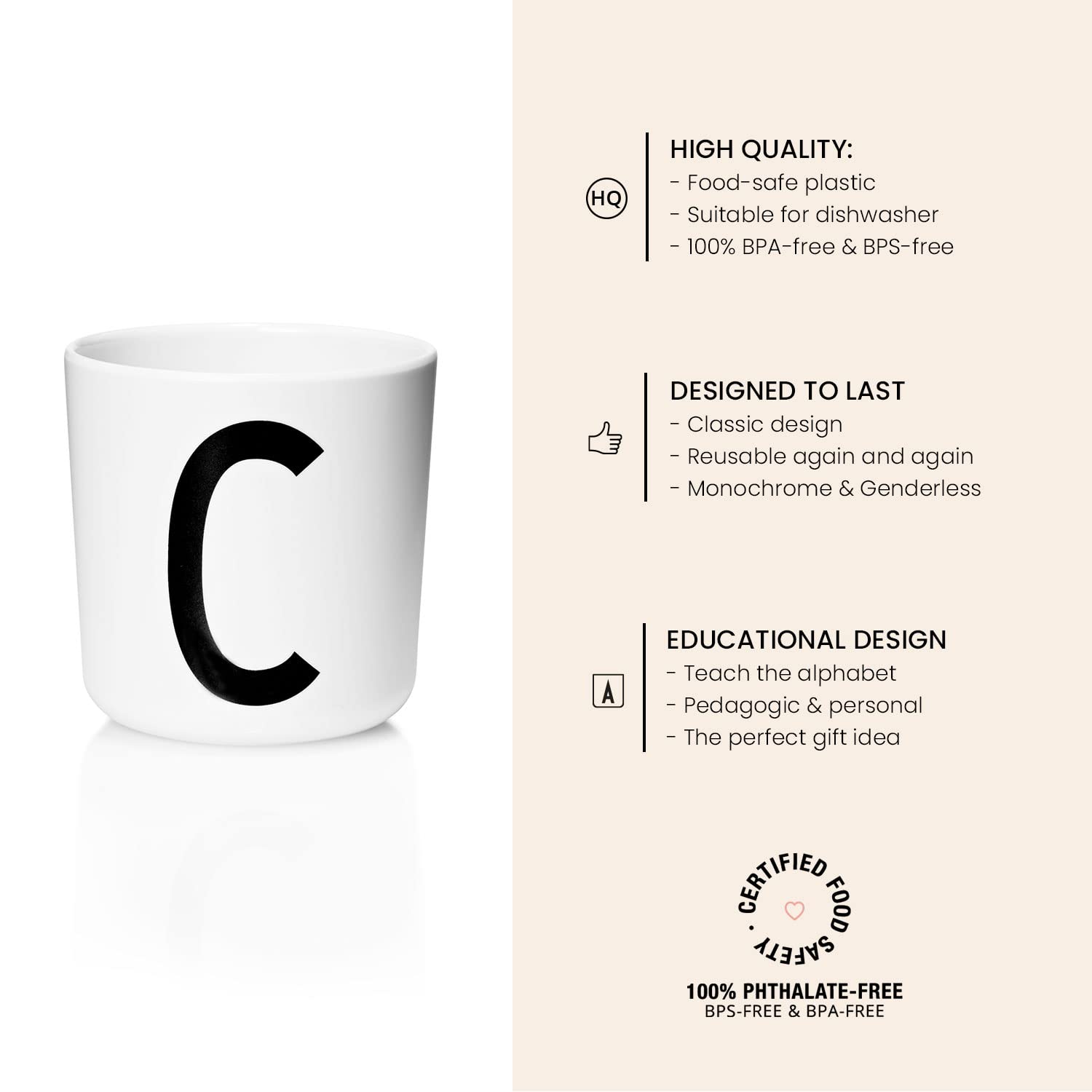 Design Letters Melamine Sippy cups for Baby 7 Oz A-Z | Kids Cups Designed in Denmark Reusable Cup for Baby 6+ Month|Learning Cup BPA/BPS Free | Children Drinking Cup Dishwasher Safe, Toddler Cup White