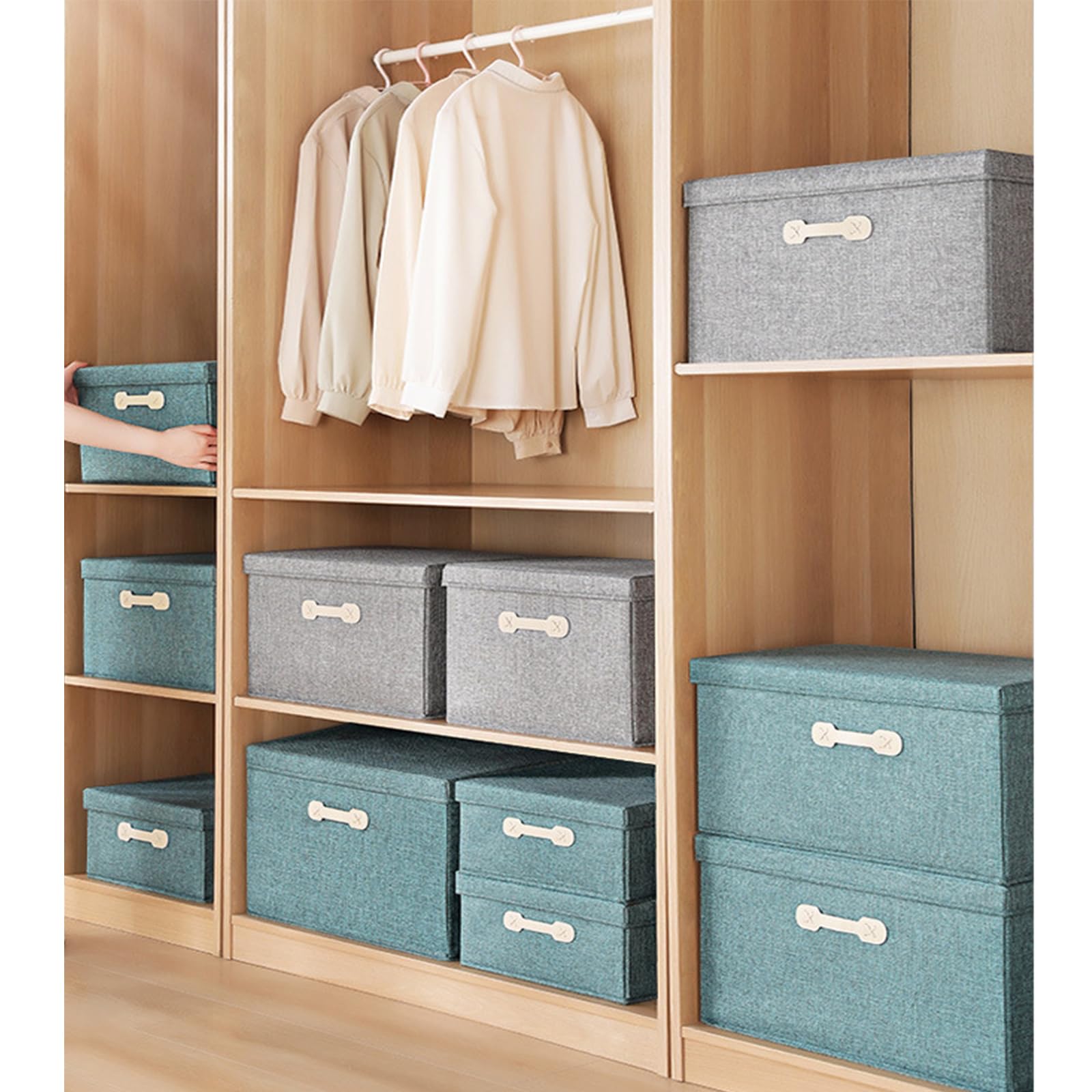 Foldable Cotton Linen Storage Baskets Bins with Lids, Leather Handheld Clothes Storage Box Fabric Storage Box,Toys,Clothes Organiser for Closet Home Bedroom Office Nursery,2pack (Morandi green)