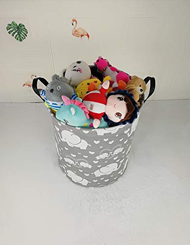 DUYIY 19.7 Inch Round Big Size Canvas Storage Basket with Handle Large Organizer Bins for Dirty Laundry Hamper Baby Toys Nursery Kids Clothes Gift Basket (heart elephant)