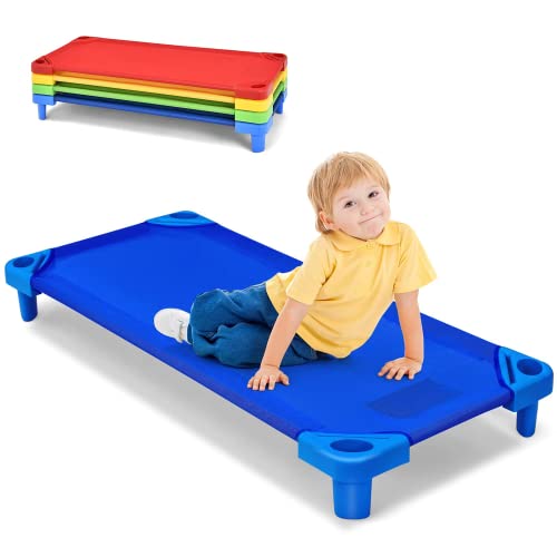 FUTADA Toddler Stackable Naptime Cot, Kids Space Saving Sleeping Bed w/Easy Lift Corner, Easy to Assemble, Children Sleeping Cots Suitable for Preschool Classroom, Daycare, Pack of 4(Multicolor)