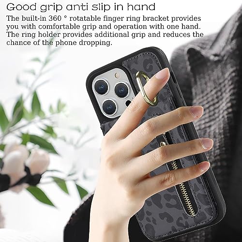 DEYHU iPhone 13 pro Case with Card Holder for Women, iPhone 13 pro Phone Case Wallet with Credit Card with Ring Kickstand Zipper Shockproof Slim Stand Case for iPhone13pro - Black Leopard