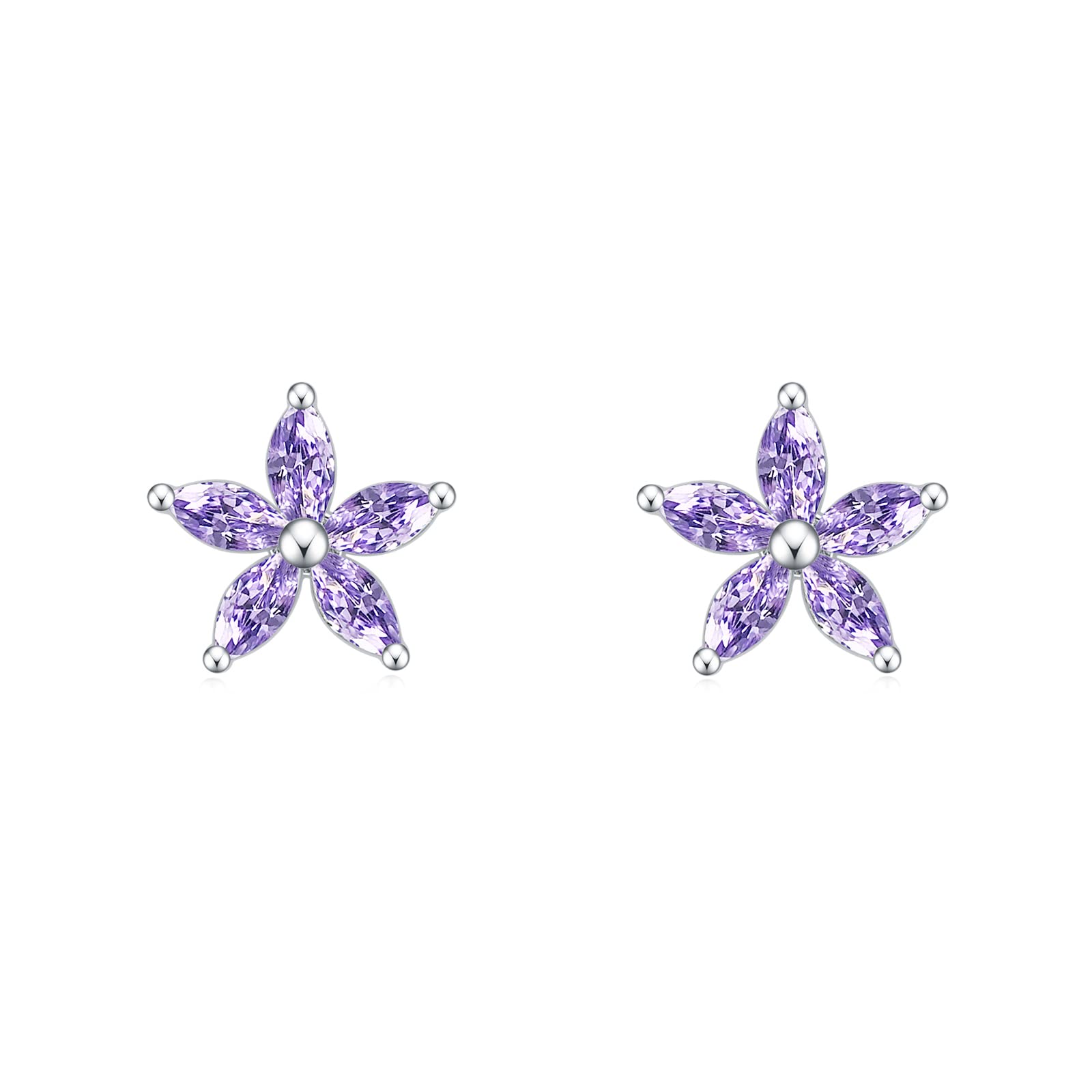 925 Sterling Silver Small Purple Flower Stud Earrings for Women, Tiny Cubic Zirconia Flower Earrings - Dainty Hypoallergenic Earrings for Sensitive Ears
