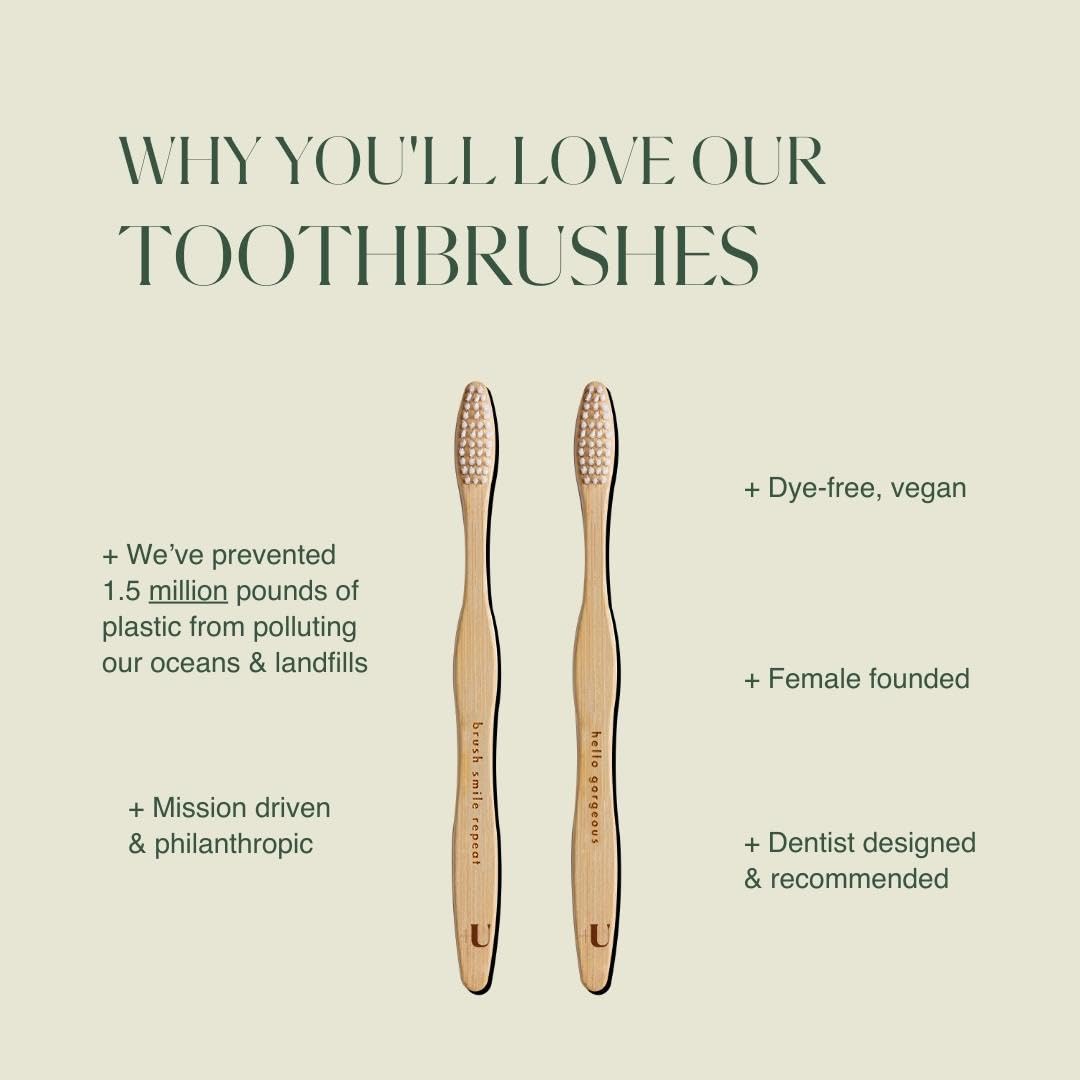 Plus Ultra 2-Pack Bamboo Toothbrush - BPA Free Soft Bristle - Dentist-Approved and All-Natural with Brush Smile Repeat and Hello Gorgeous Etched on Handles
