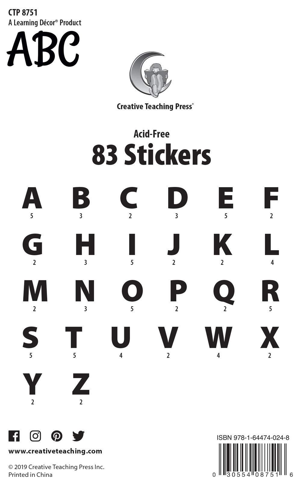 Creative Teaching Press Stylish Black 2" Uppercase Letter Stickers (8751)