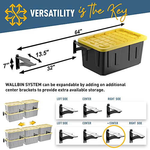 Koova Wall Mounted Tote Rack Storage System, Fits 27-Gallon Black and Yellow Commander Style Bins, Wall Mount Bracket Shelves for Garage or Shed Organization, Heavy Duty Steel, Made in USA (3-Piece Set)