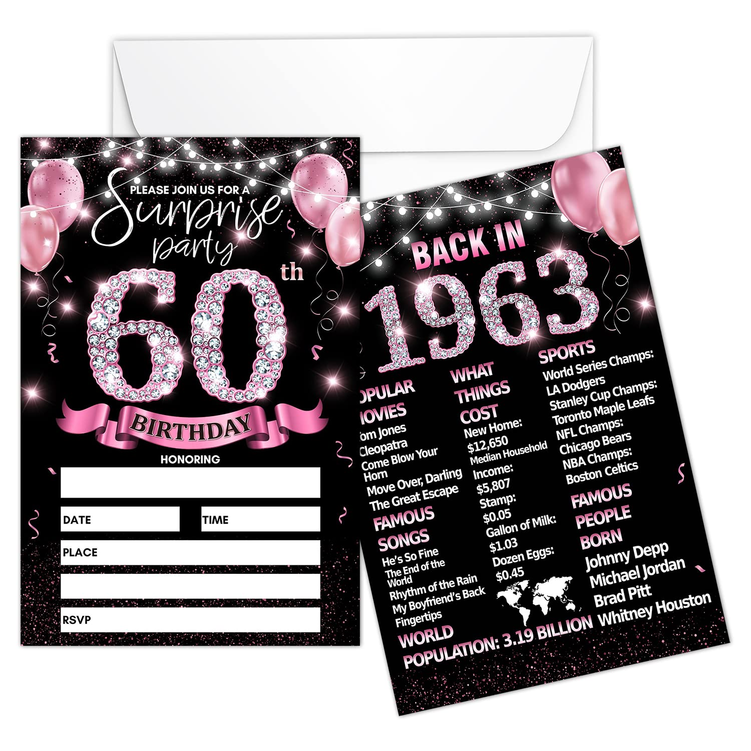 60th Birthday Party Invitation Card - Rose Gold Invites with Back In 1963 Poster Printing On The Back Double-Sided Fill-in Invites - 20 Cards with Envelopes for Party Favors - sr-06