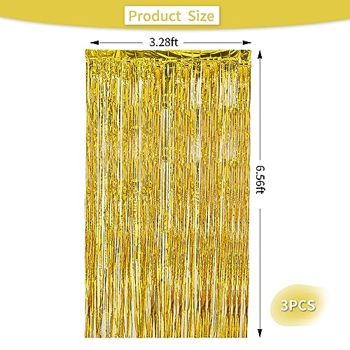 3Pack Tinsel Foil Fringe Curtains, Glitter Foil Fringe Curtain, Suitable for Birthday Backdrop, Christmas Decorations, Photo Backdrop, New Year Decor, Wedding Decoration, Party Decorations (Gold)