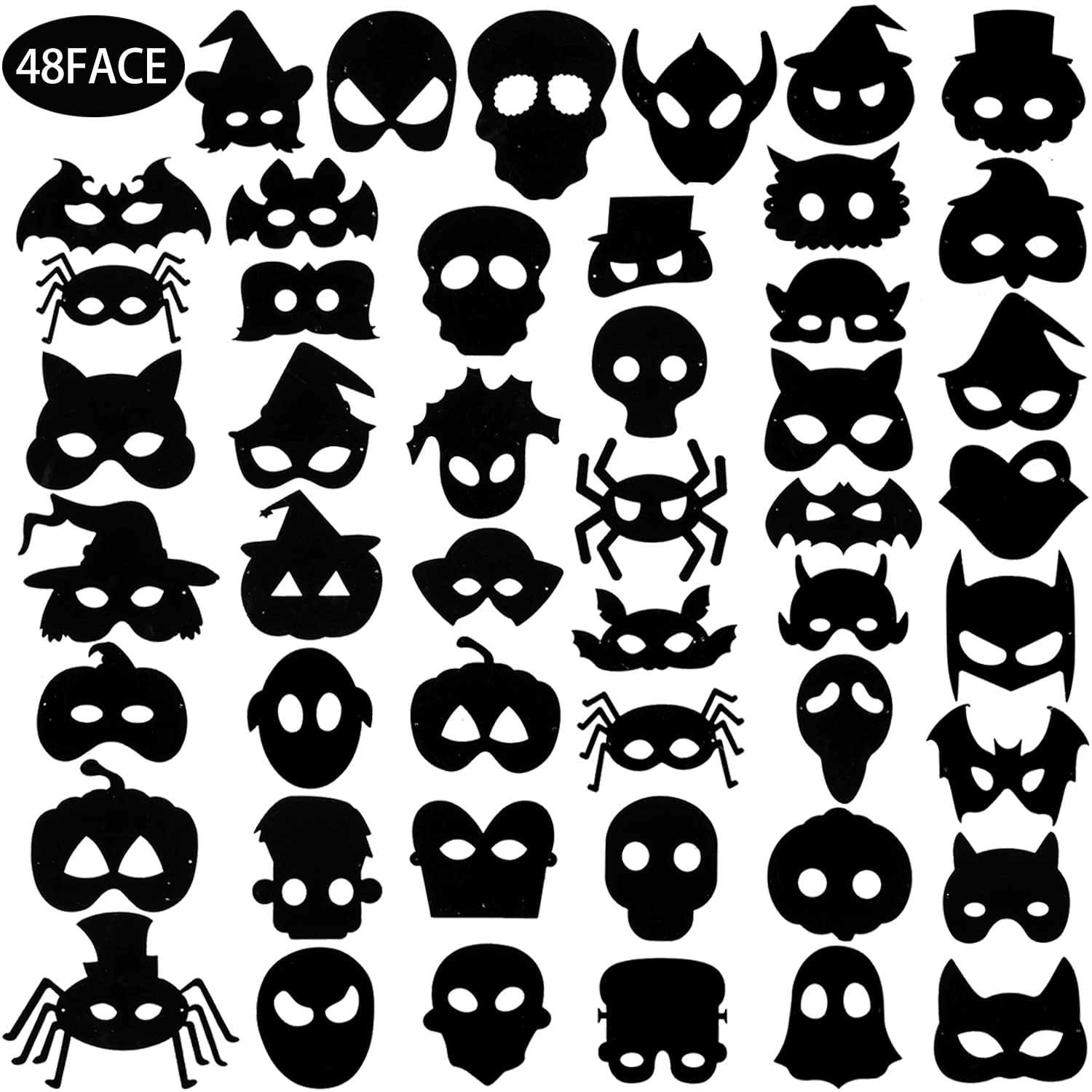 48PCS Halloween Rainbow Scratch Mask Art Craft Kit, Bat Witch Pumpkin Zombie Pirate Skull Magic Scratch Paper Art Mask for Halloween Party Crafts Classroom Decorations