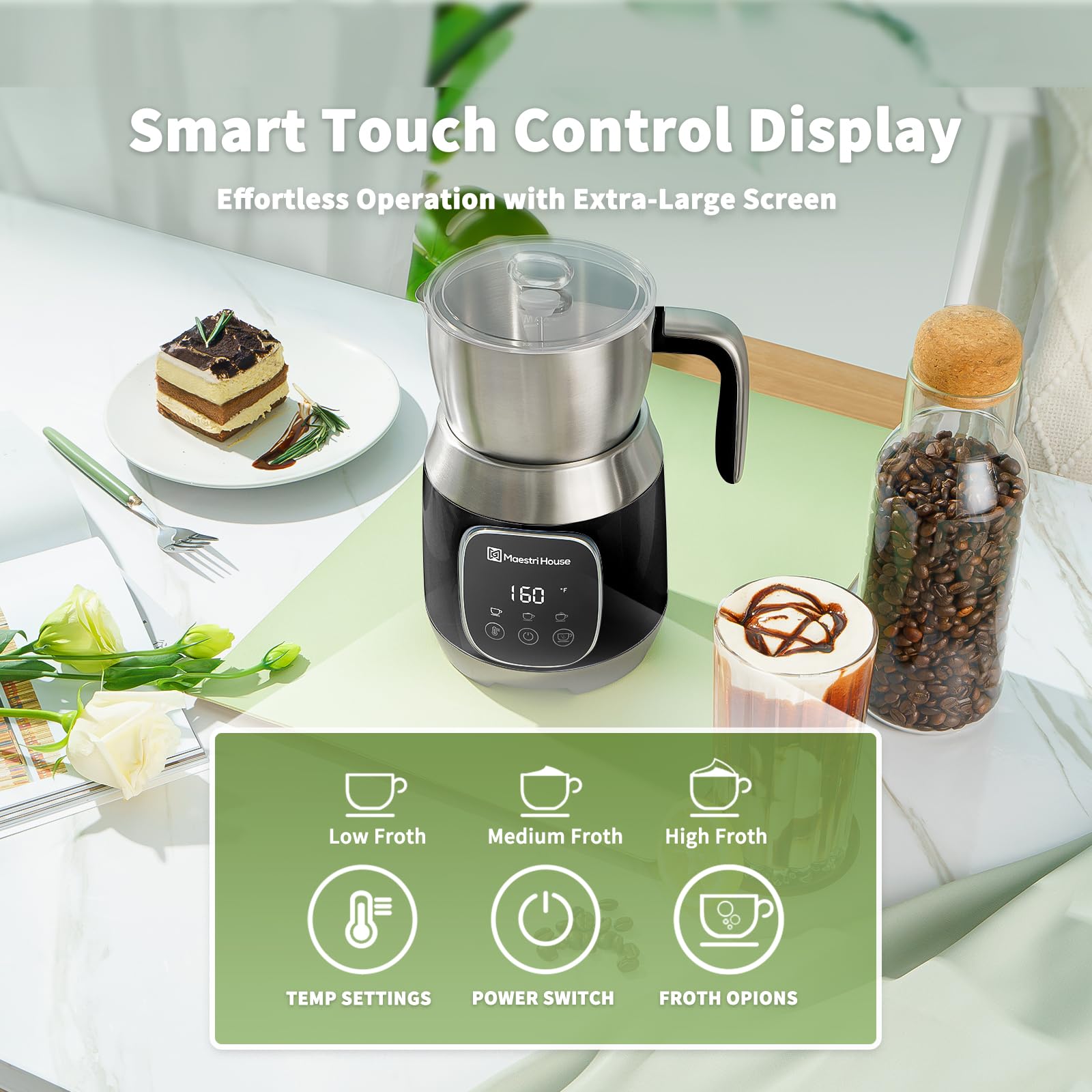 Maestri House Milk Frother, 21OZ Variable Temp and Froth Thickness Milk Frother and Steamer, Smart Touch Control Milk Warmer, Dishwasher Safe, Memory Function for Latte Cappuccino Hot Chocolate