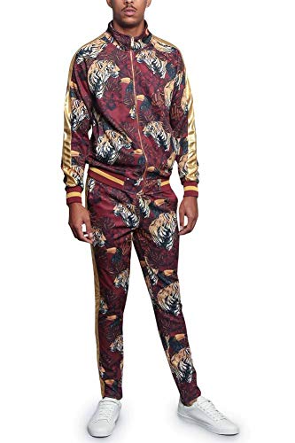 G-Style USA Men's Royal Floral Tiger Track Suit ST559 - Burgundy - 2X-Large