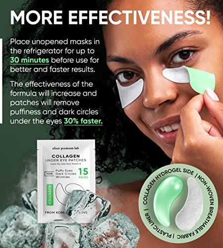 Elixir Premium Lab Collagen & Green Tea Under Eye Patches with Cooling Effect - Reduce Wrinkles, Dark Circles, and Under Eye Bags - 15 Pairs