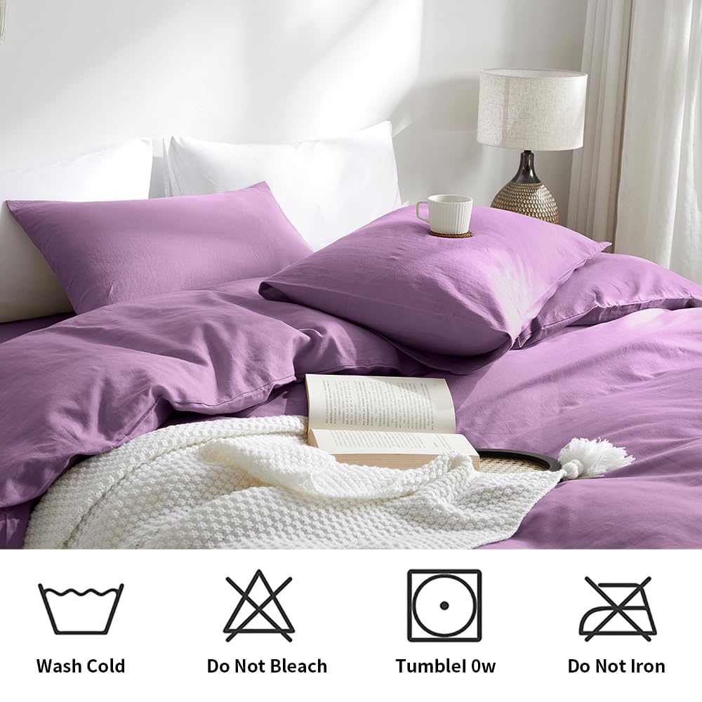 TUMEI 100% Linen Duvet Cover Set - Queen Size 3 Pieces Pure Linen Bedding Queen Comforter Cover Set Soft Breathable Durable Comforter Set 1 Duvet Cover and 2 Pillow Covers,Queen Size Basic Lilac