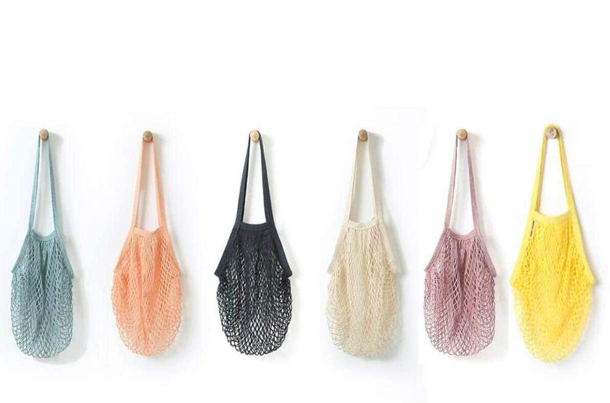 6 Pack Portable,Reusable,Reusable Produce Bags,Washable Cotton Mesh String Organic Organizer Shopping Handbag Long Handle Net Tote (grey blue,Black,Beige,Pink,Purple,Yellow)
