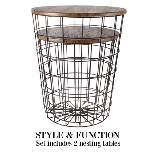 Lavish Home End Storage β Nesting Wire Basket Base and Wood Tops β Industrial Farmhouse Style Side Table, Set of 2 - Round Black, Brown