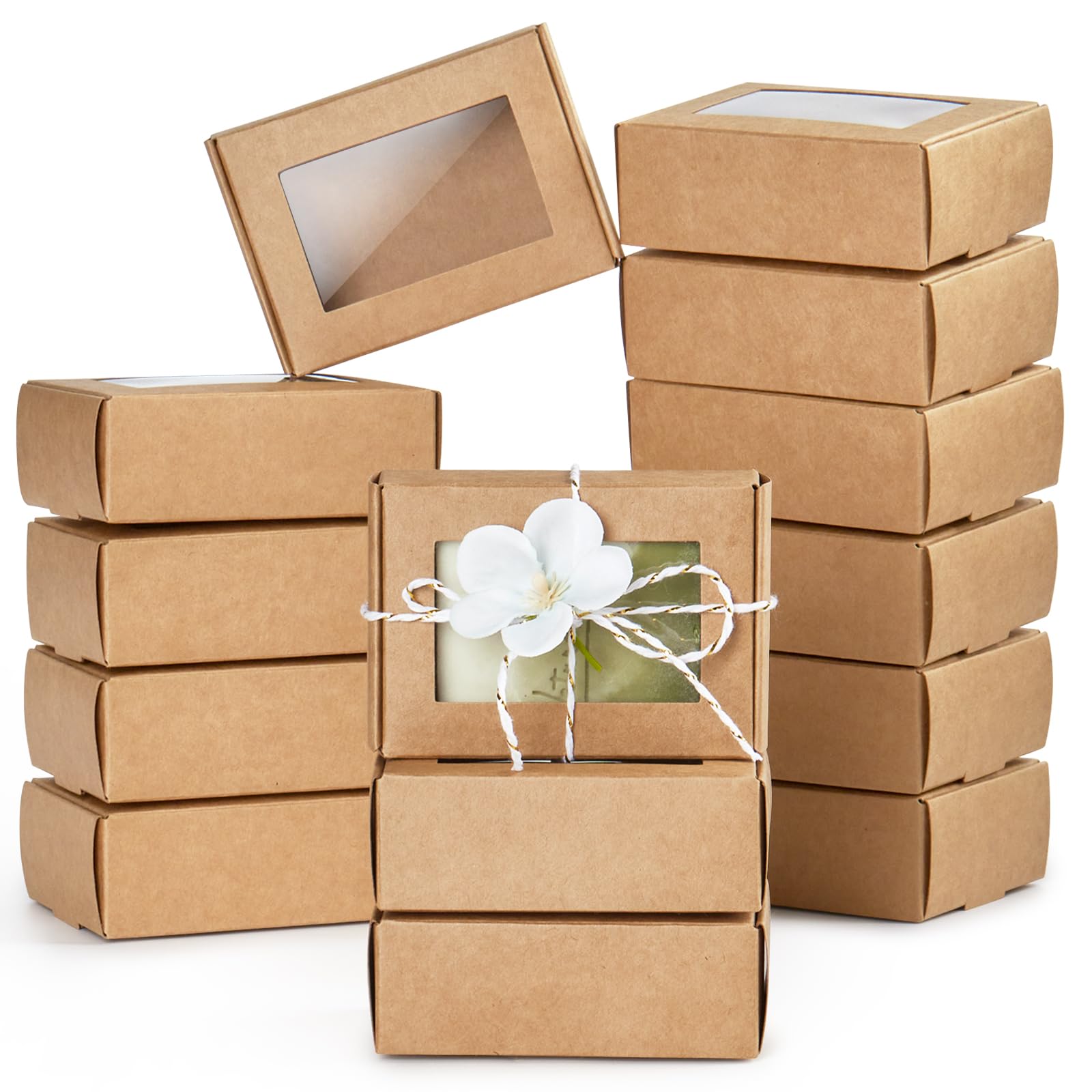 Kucoele 36 PCS Soap Boxes for Homemade Soap, Mini Kraft Treats Boxes Gifts Boxes with Windows Soap Packaging Supplies, 3.34 x 2.36 x 1.18 Inches (Brown)