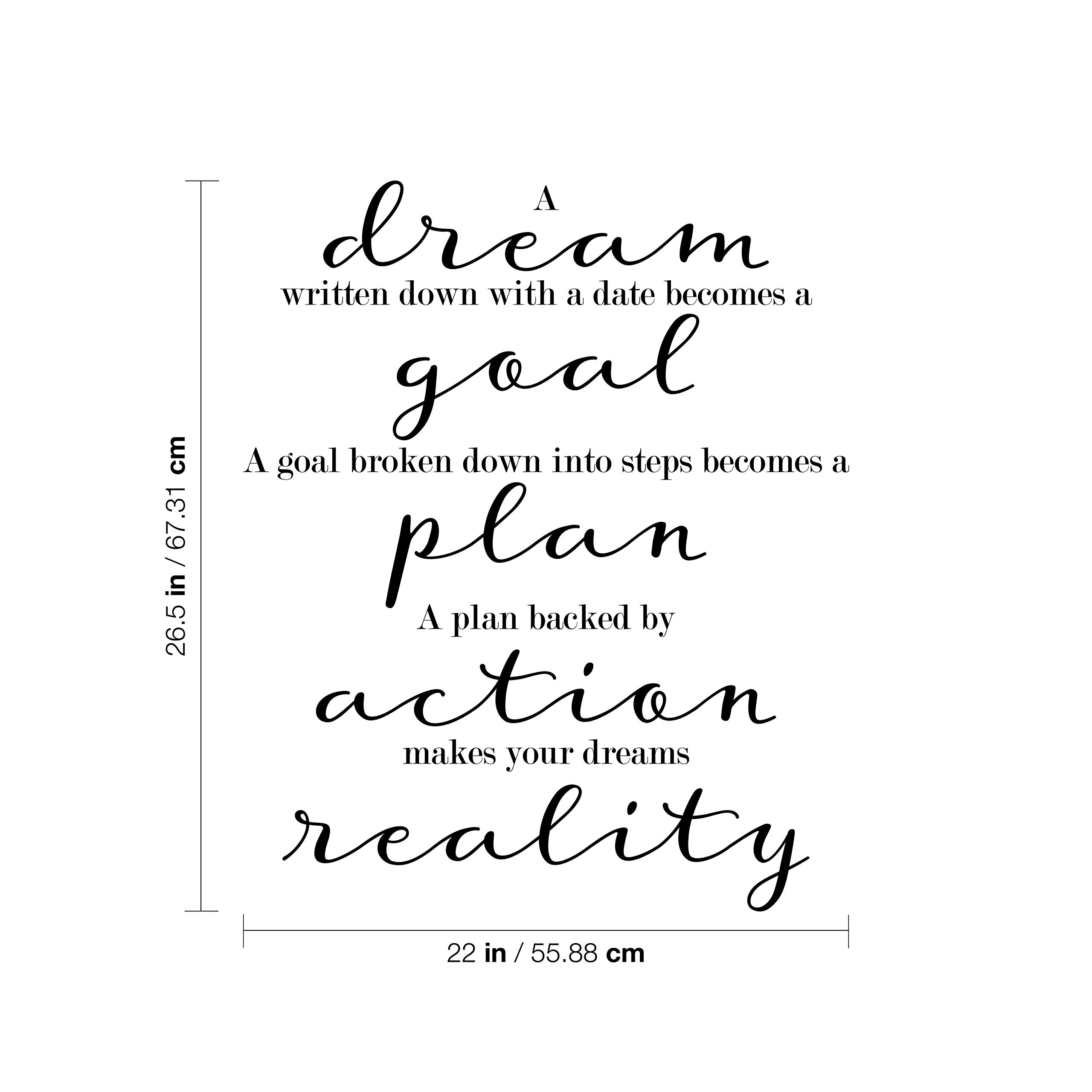 Vinyl Wall Art Decal - A Dream, A Goal, A Plan, Action, Dreams Reality - 26.5" x 22" - Trendy Inspirational Positive Mind Change Quote Sticker for Bedroom Playroom Office School Store Decor (Black)
