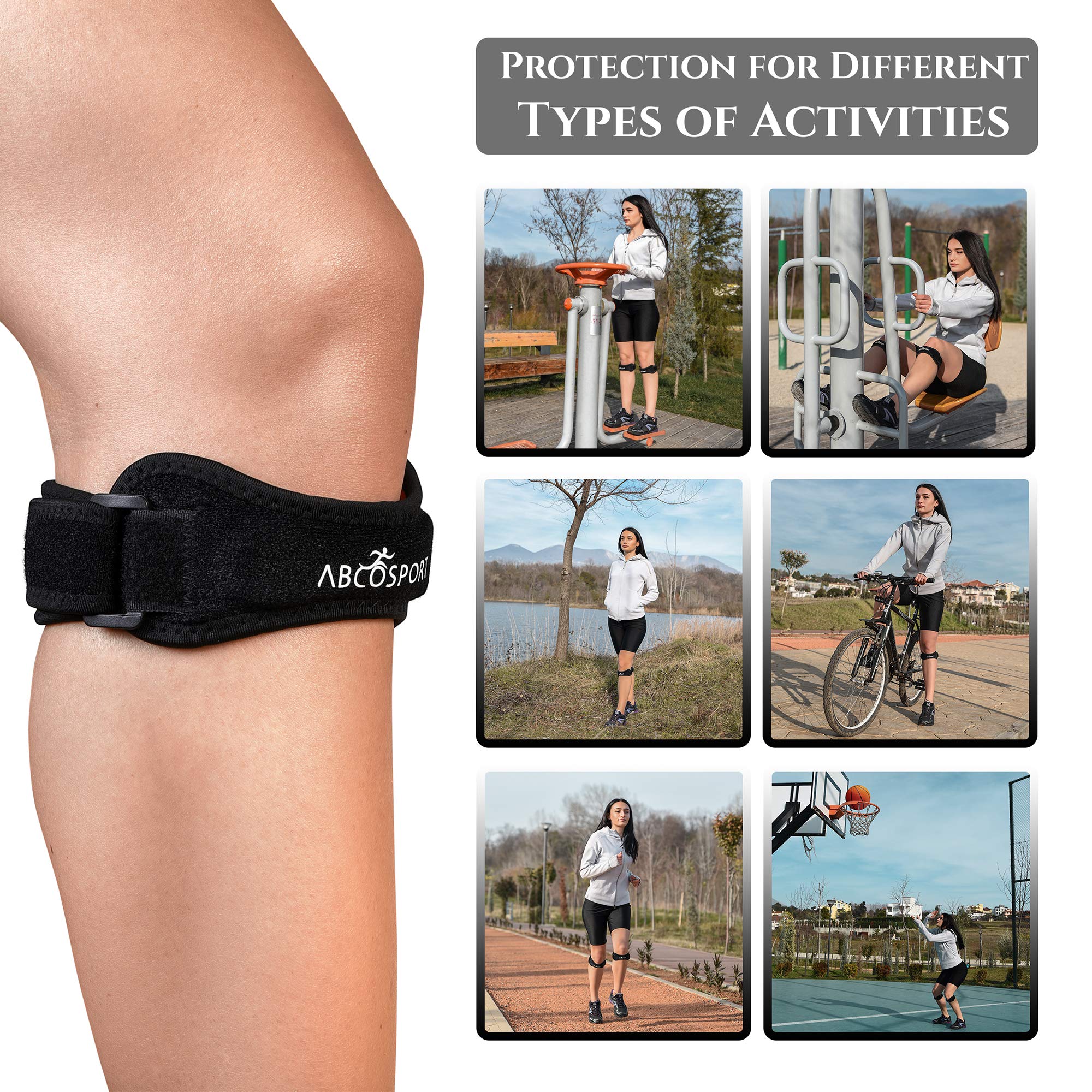 Abco Tech Patella Knee Strap (Black - 2 Pack) - Knee Pain Relief - Tendon and Knee Support for Running, Hiking, Soccer, Basketball, Volleyball and Exercise - Runners Knee Stabilizer - Adjustable Band