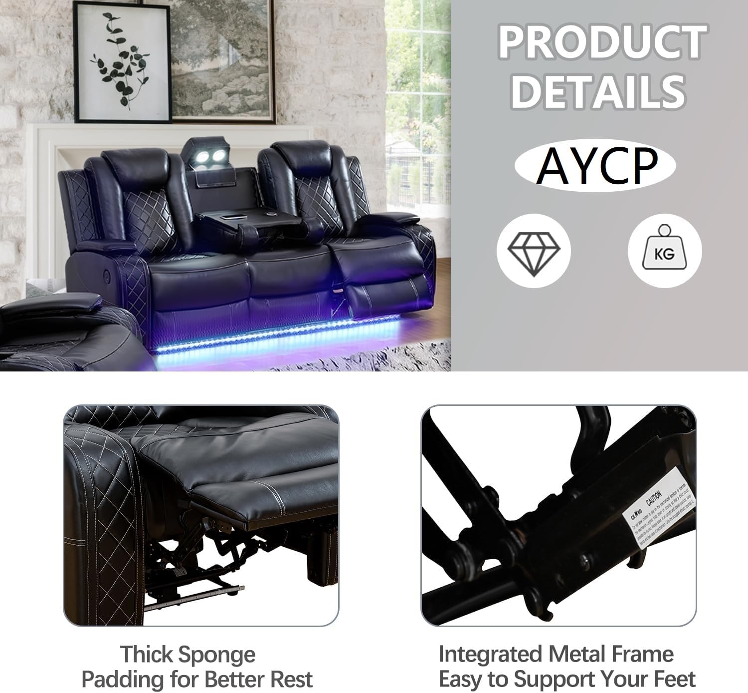 AYCP Air Leather Power Recliner Sectional with LED Lights, Reader Lights, Storage Consoles, Cup Holders, USB Charging Port (Sectional Set), Black