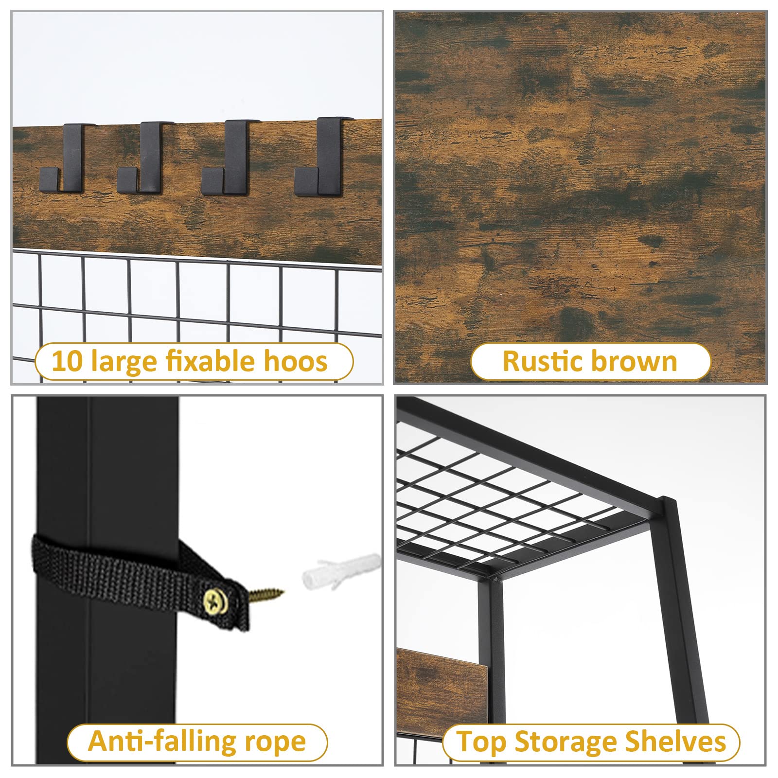 LGHM Modern Versatile Hall Tree with 10 Fixable Metal Hooks, Coat Rack Stand with 6 Side Shelves, Entryway Shoe Bench with Adjust Coat Rack, Top Mesh Shelf, 2 Fabric Box Rustic Brown