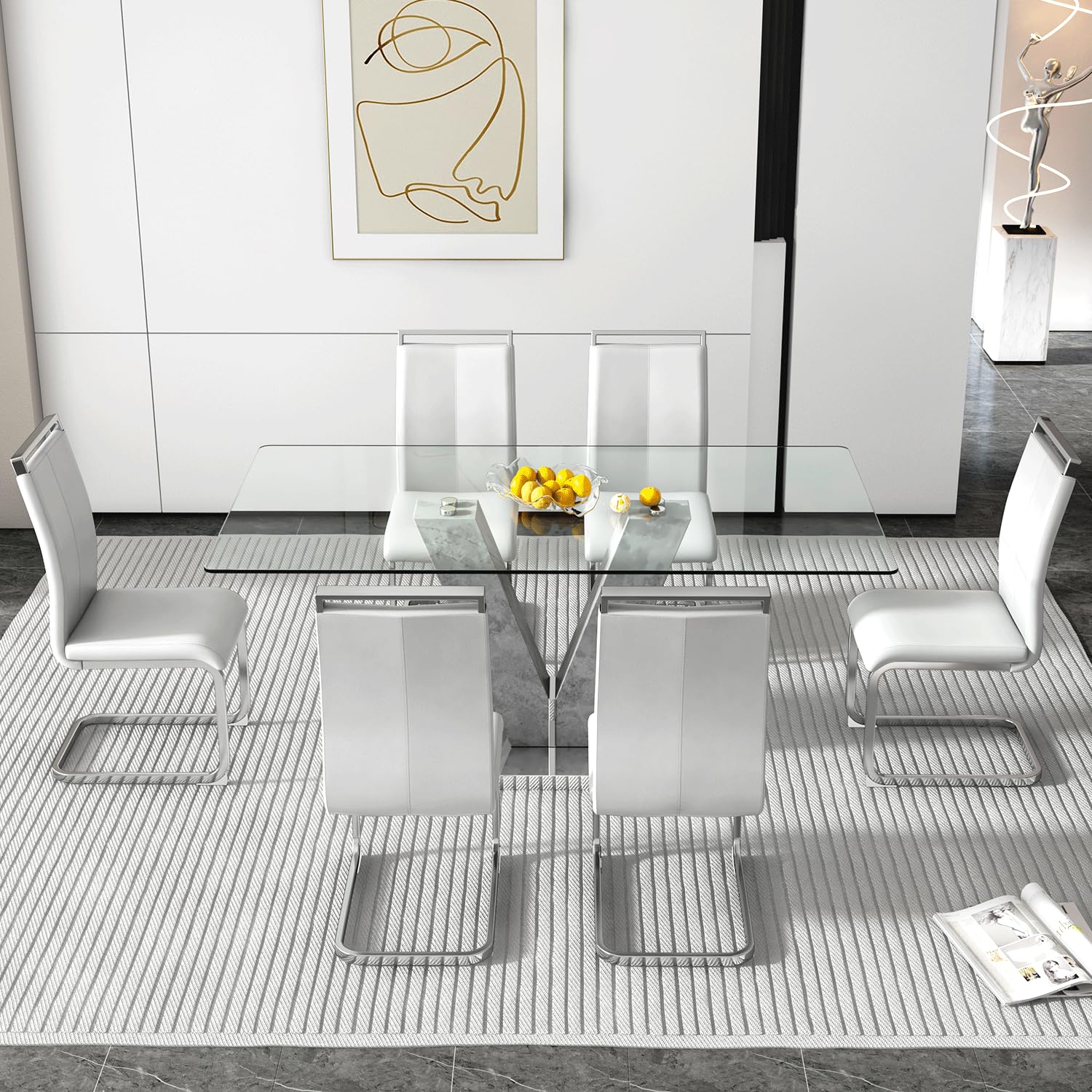 7 Piece Glass Dining Table Set,Kitchen Table and Chairs for 6,Modern Kitchen Table with 6 PU Leather Dining Chairs.71''Rectangular Dinner Table Set Ideal for Living Room