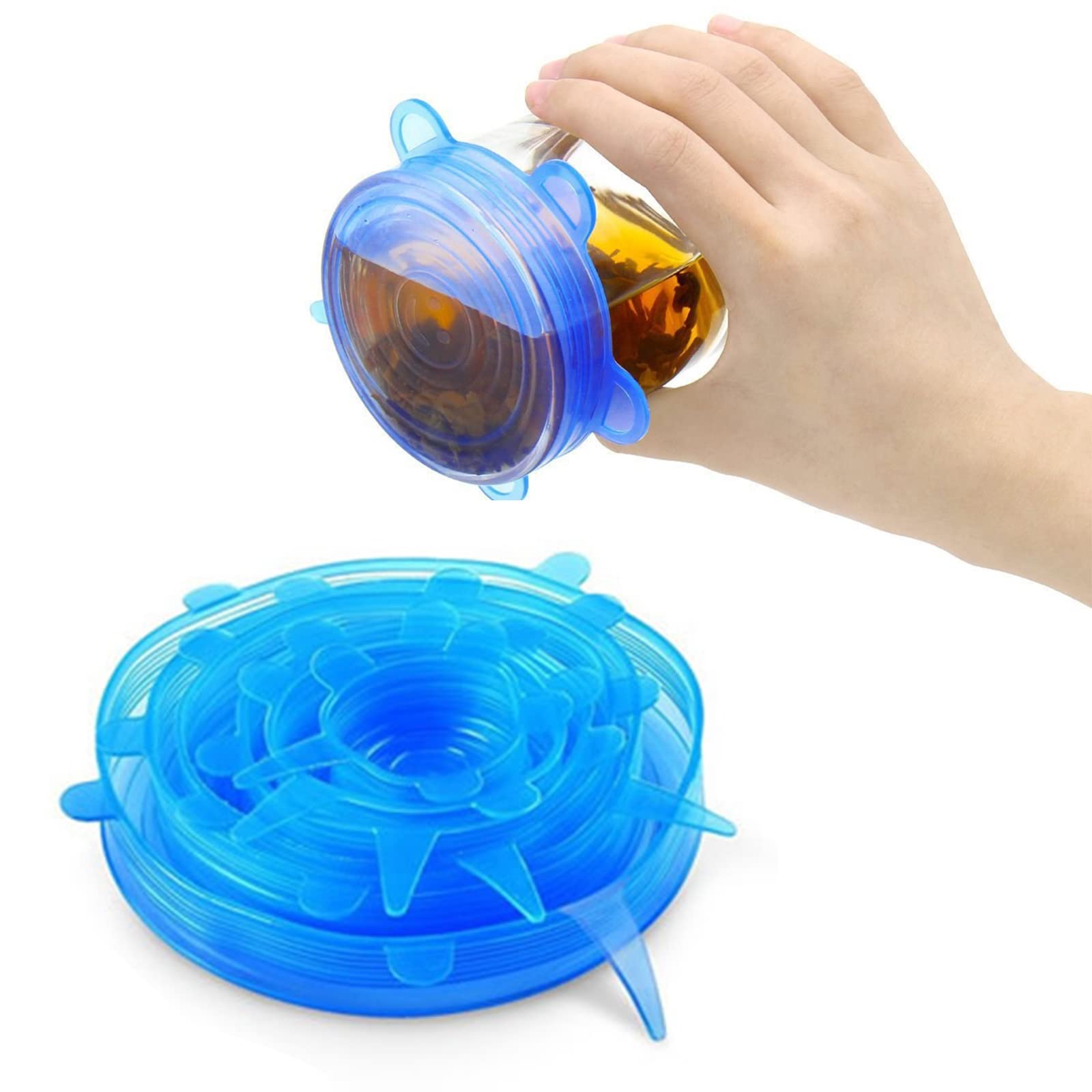 6 Pack Reusable Silicone Stretch Lids, Heat Resistant Various Sizes BPA-free Silicone Bowl Cover Fit Most Containers, Microwave & Dishwasher Use Safe(Blue)