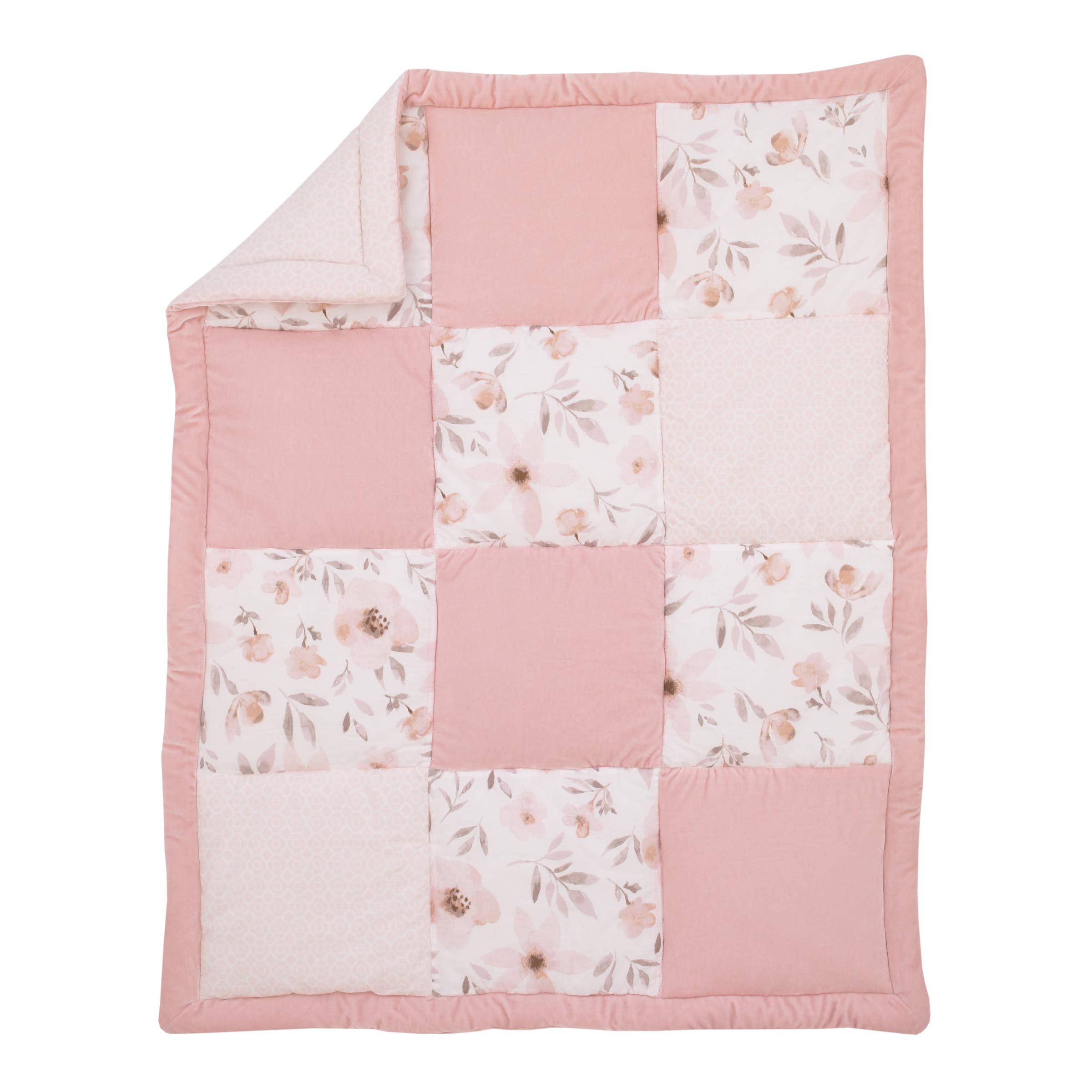NoJo Countryside Floral - Pink, Grey & White 4Piece Nursery Crib Bedding Set, Comforter, Fitted Crib Sheet, Dust Ruffle, Diaper Stacker, Pink, Peach, White, Grey
