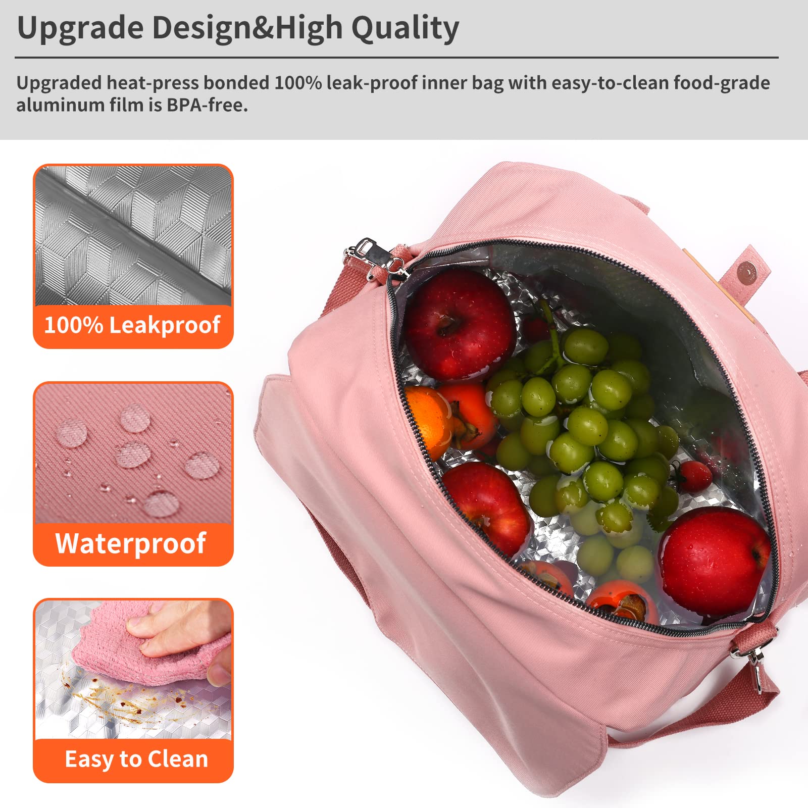 Anfeichen Insulated Lunch Bag Women For Work,Leakproof Lunch Box for Men Large Lunch Tote Bag,Embroidered Cooler Bag with Shoulder Strap (Pink)