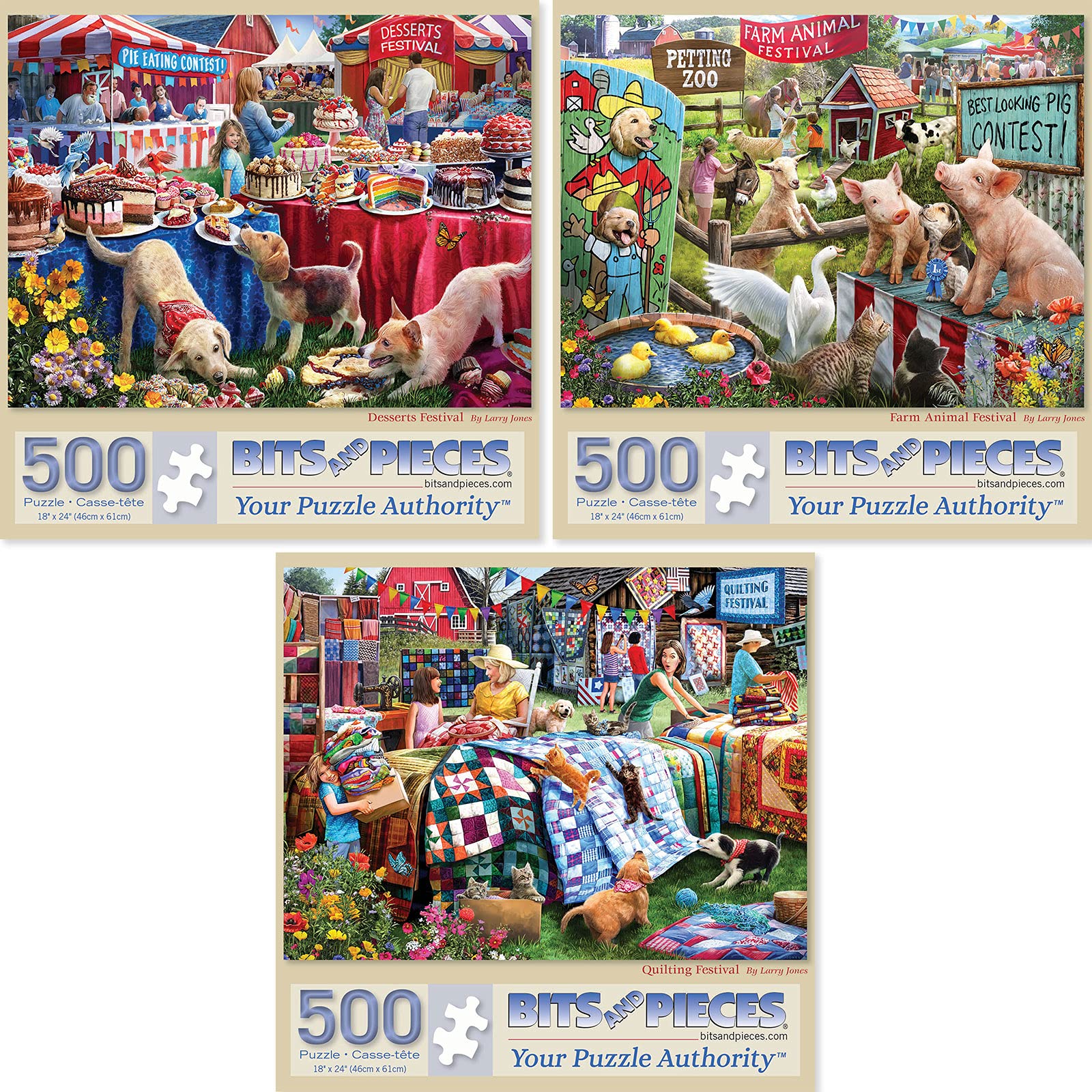 Bits and Pieces – Value Set of Three 500 Piece Jigsaw Puzzles for Adults – Desserts, Farm Animal, Quilting Festival Jigsaw Puzzles by Artist Larry Jones, Completed Puzzle Size: 18" x 24"