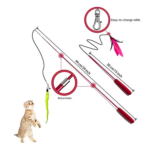 Interactive Cat Toys for Indoor Cats,Retractable Cat Toy Wand,12 Packs Cat Feather Toys and Replacement, 9 Assorted cat Teaser Refills with Bell for Cat Kitten, Cat Fishing Pole Toys for Cat Kitten