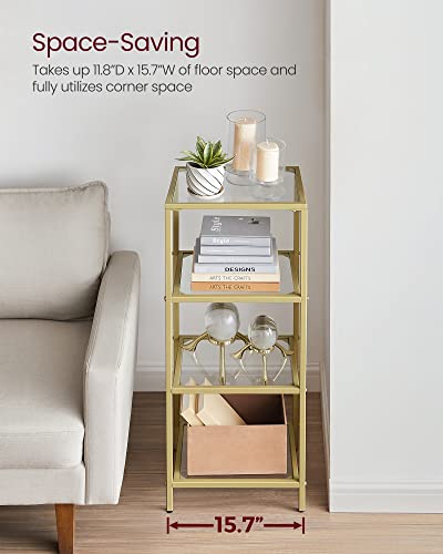 VASAGLE Bookcase, 4-Tier Bookshelf, Slim Shelving Unit for Bedroom, Bathroom, Home Office, Tempered Glass, Steel Frame, Gold Color ULGT28G