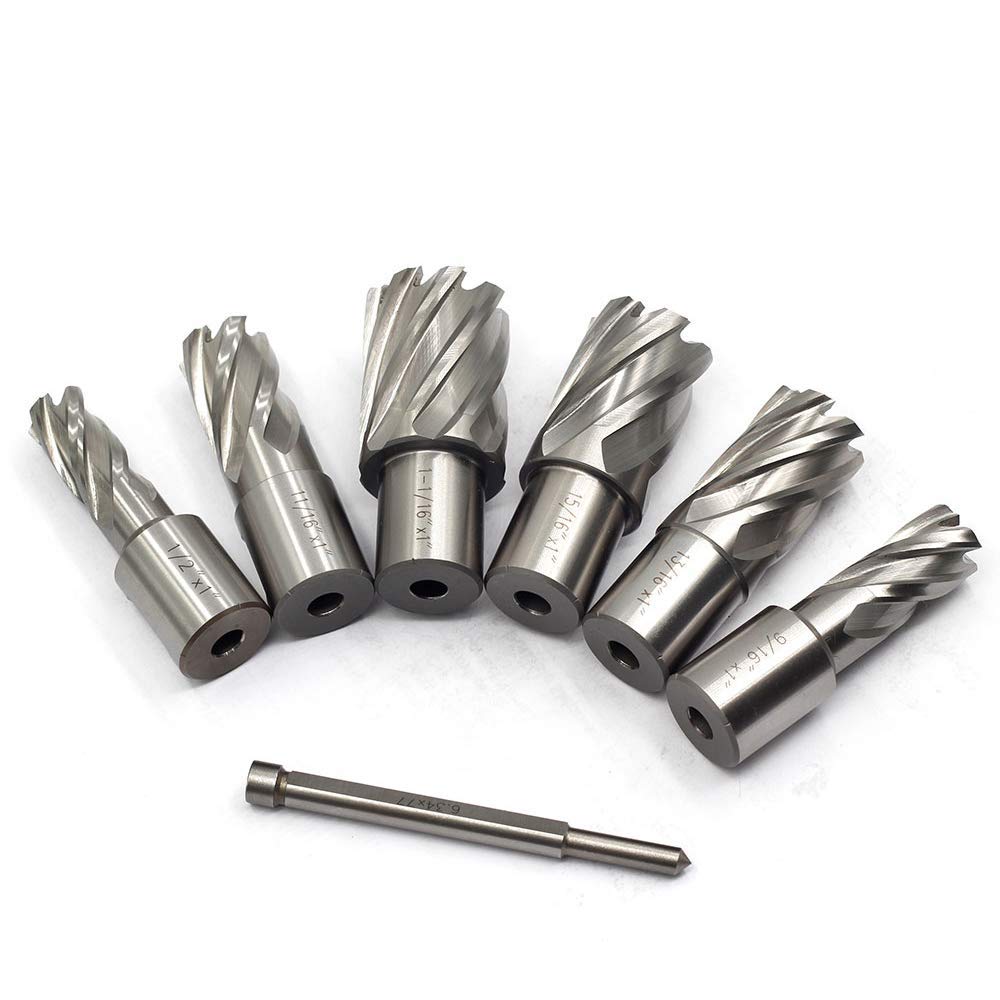 OSCARBIDE Annular Cutter Set 7 Pieces 3/4" Weldon Shank 1"Cutting Depth,1/2 to 1-1/16 inch Diameter,2 Flats Annular Cutters HSS Mag Drill Bits Kit for Magnetic Drill Press with 1 Pieces Pilot Pin
