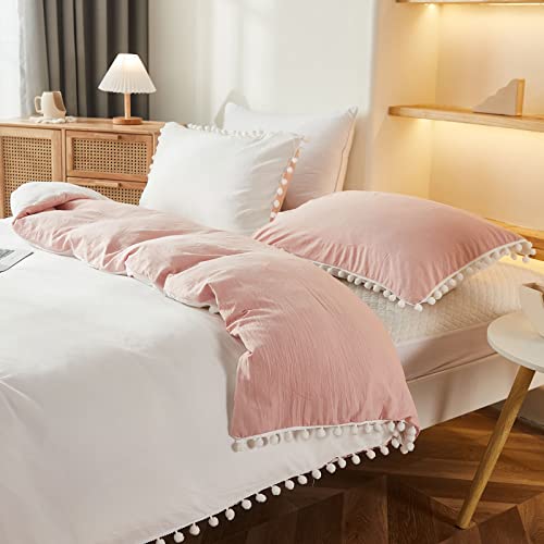 Bedbay Queen Duvet Cover Set Pink Bedding for Teen Girls Aesthetic Bedding Set Ball Pom Fringe Design 3pcs Ultra Soft Microfiber Duvet Cover Set(White&Pink,Queen)