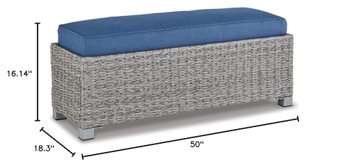 Signature Design by Ashley Naples Beach Casual Outdoor Bench with Cushion, Light Gray & Blue