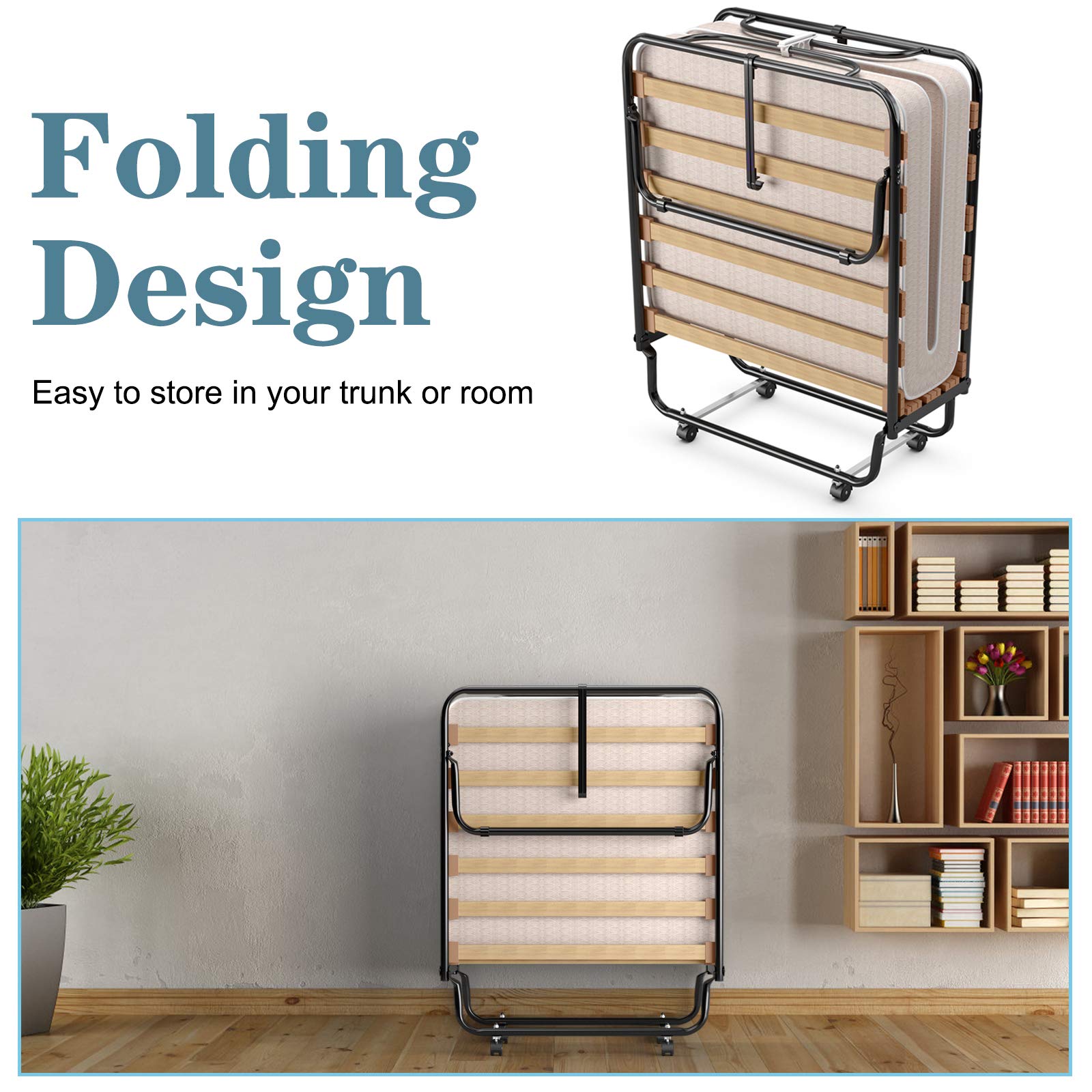 KOMFOTT Folding Rollaway Bed with 4" Mattress, Foldable Rollaway Bed with Memory Foam Mattress for Adults, Portable Fold Up Guest Bed with Sturdy Steel Frame on Wheels for Home & Office, Made in Italy