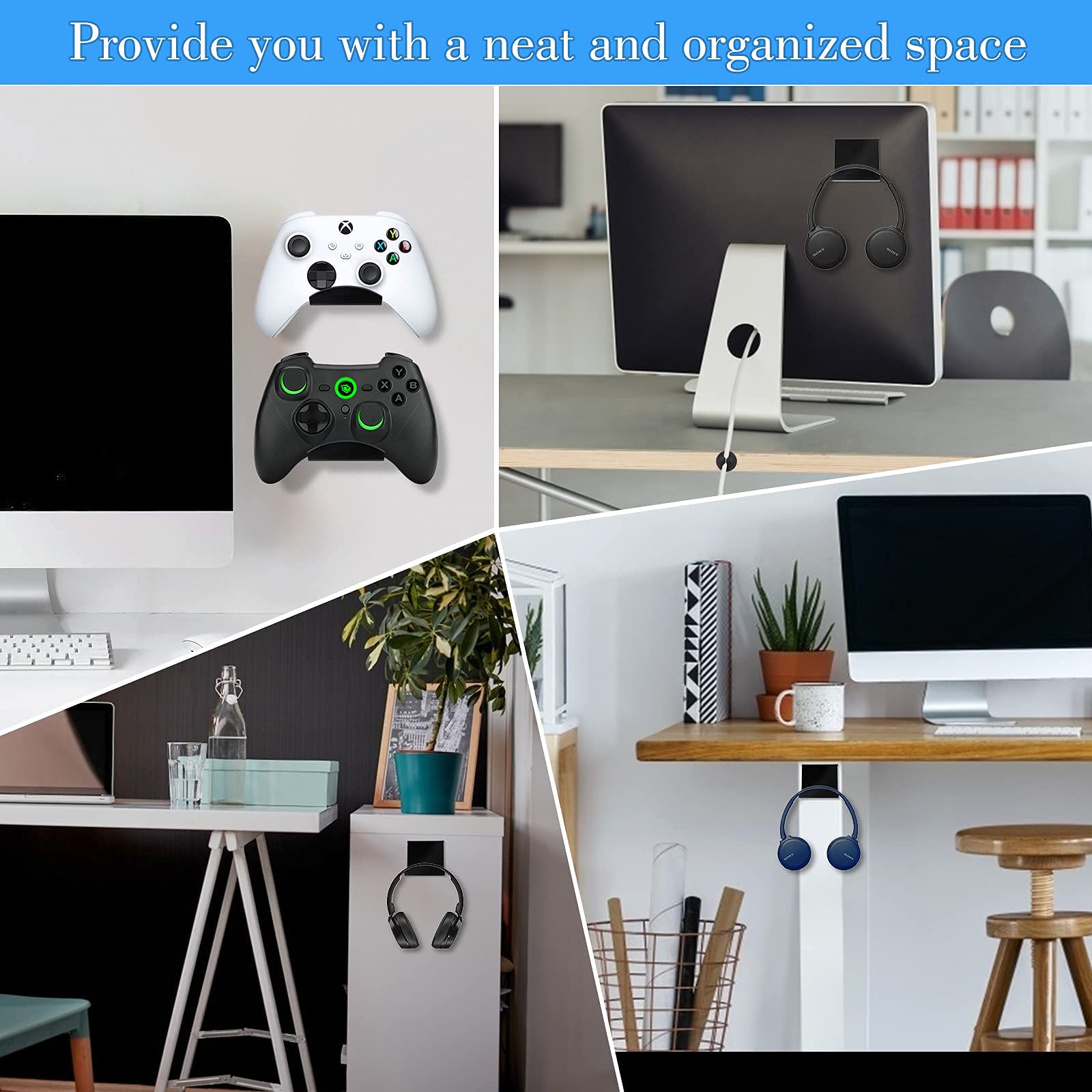 MWOOT Game Controller Holder Wall Mount (2 Pack) for Xbox One/ PS4/ PS5/ Switch/Steam/PC, Gamepad Headphone Stand Holder, Screw-Free, Stick on, Universal Controller Accessories (Black)