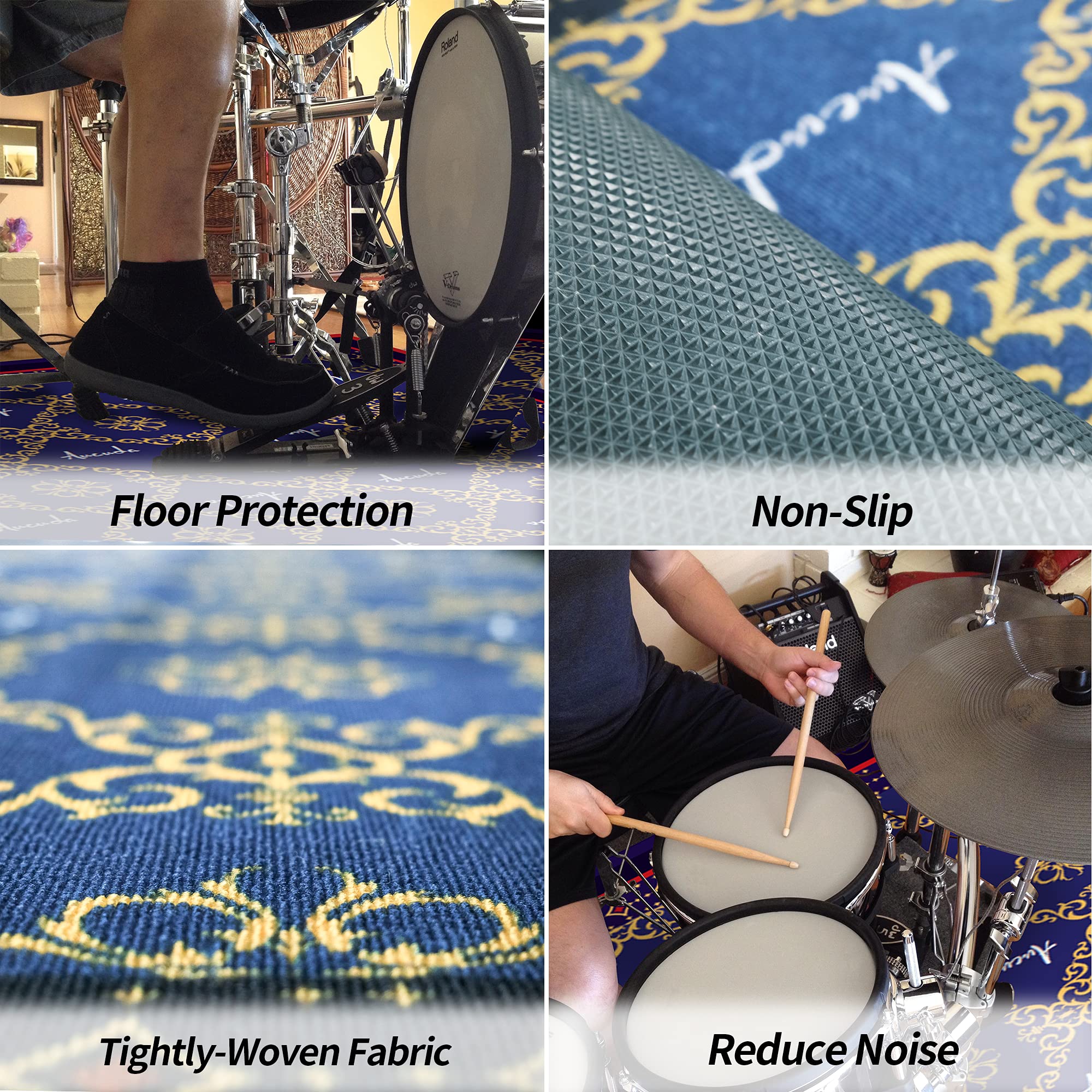 Aucuda Starry Blue Drum Rug Mat 4x6ft Tightly Woven Fabric Cool Drum Floor Mat with Non Slip Grip Bottom, Electric Drum Set Carpet Accessories for Holiday Practice, Apartment, Soundproof, Winter.